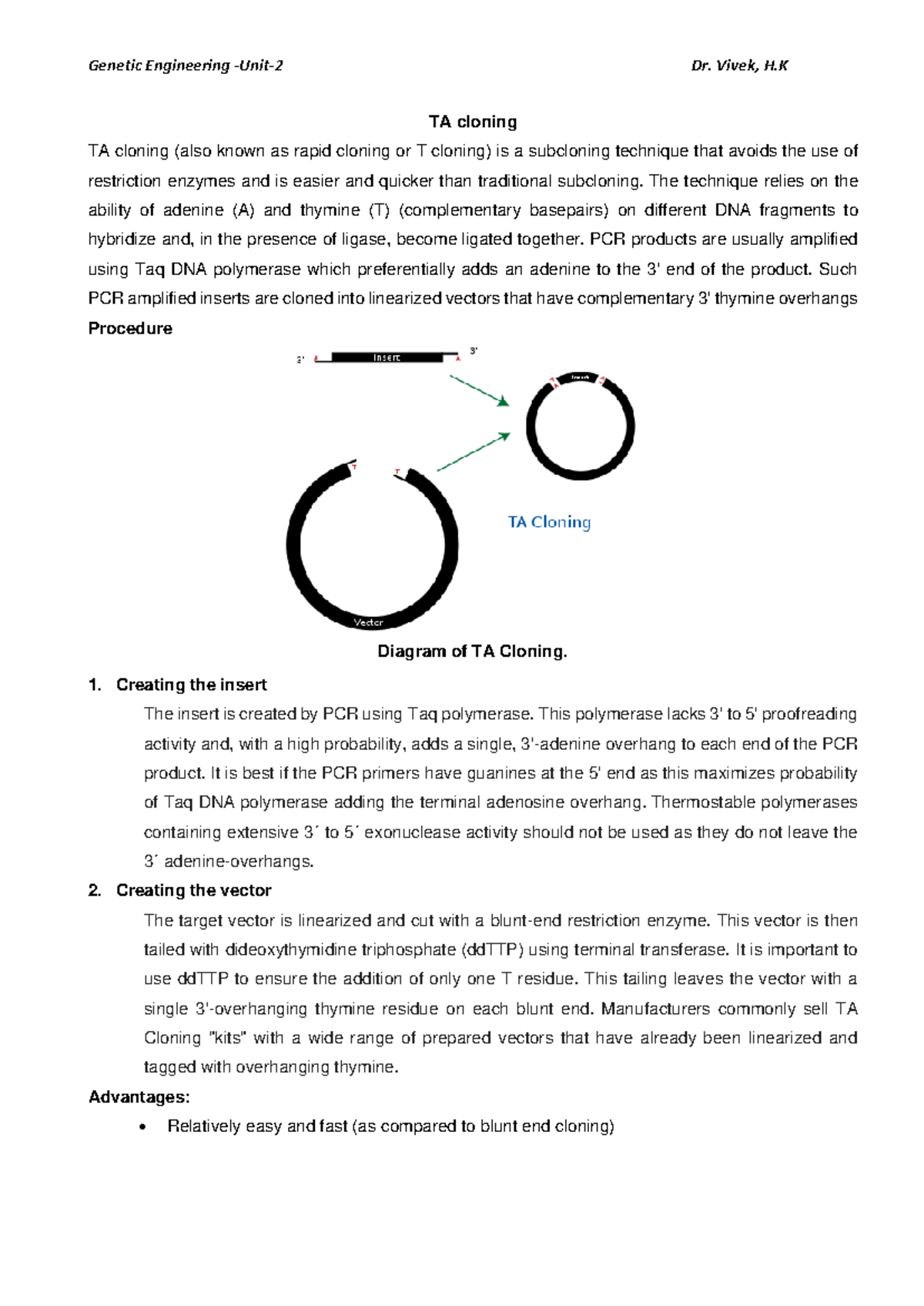 Genetic Engineering Techniques: TA Cloning and cDNA Libraries Unit 2 ...