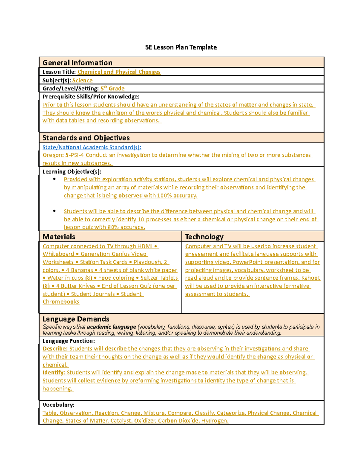 5E Lesson Plan for Science Methods: Chemical & Physical Changes - Studocu