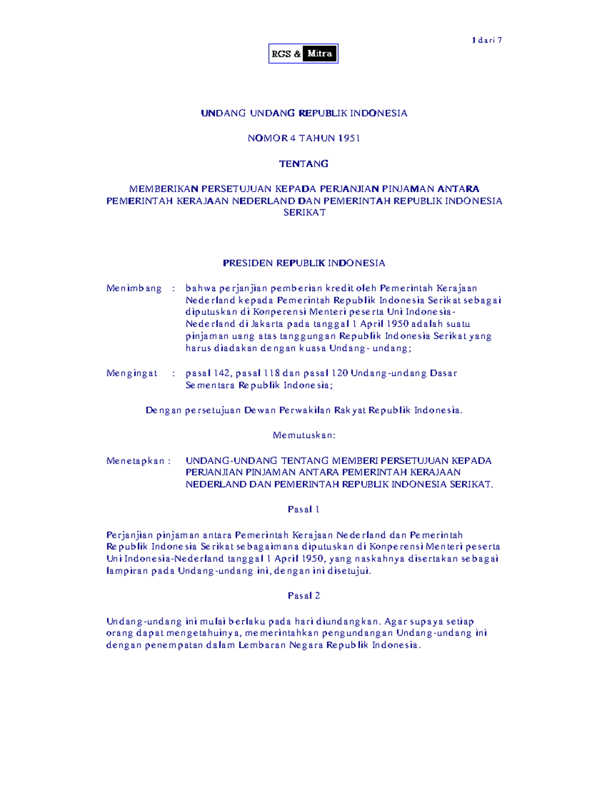UU No. 04 Tahun 1951: Persetujuan Perjanjian Pinjaman RI-Nederland ...