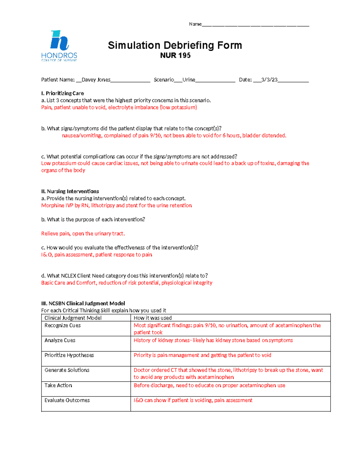 NUR 195 Simulation Debriefing Form: Insights and Care Prioritization ...