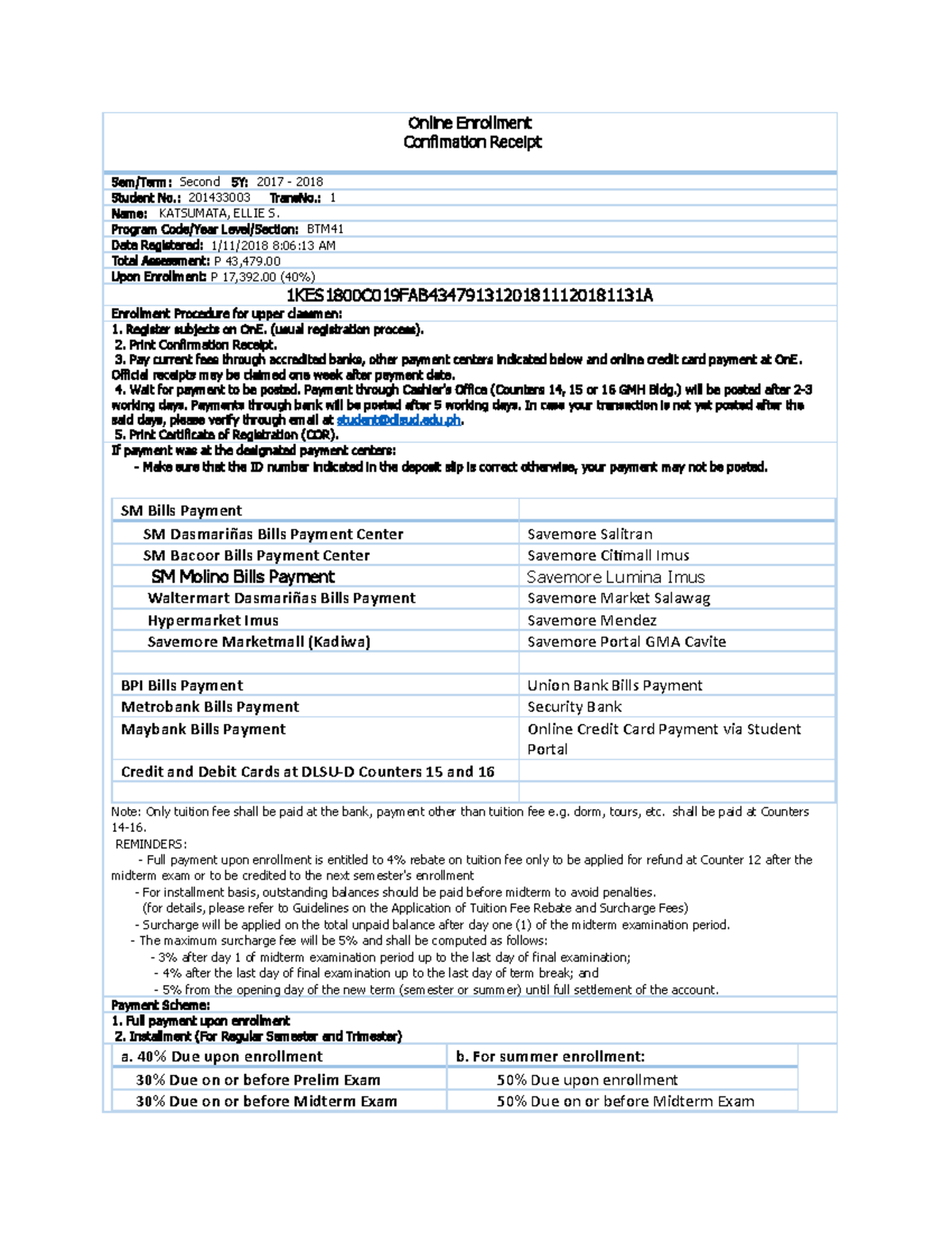Online Enrollment Confirmation Receipt - BTM 1KES1800C019FAB - Studocu