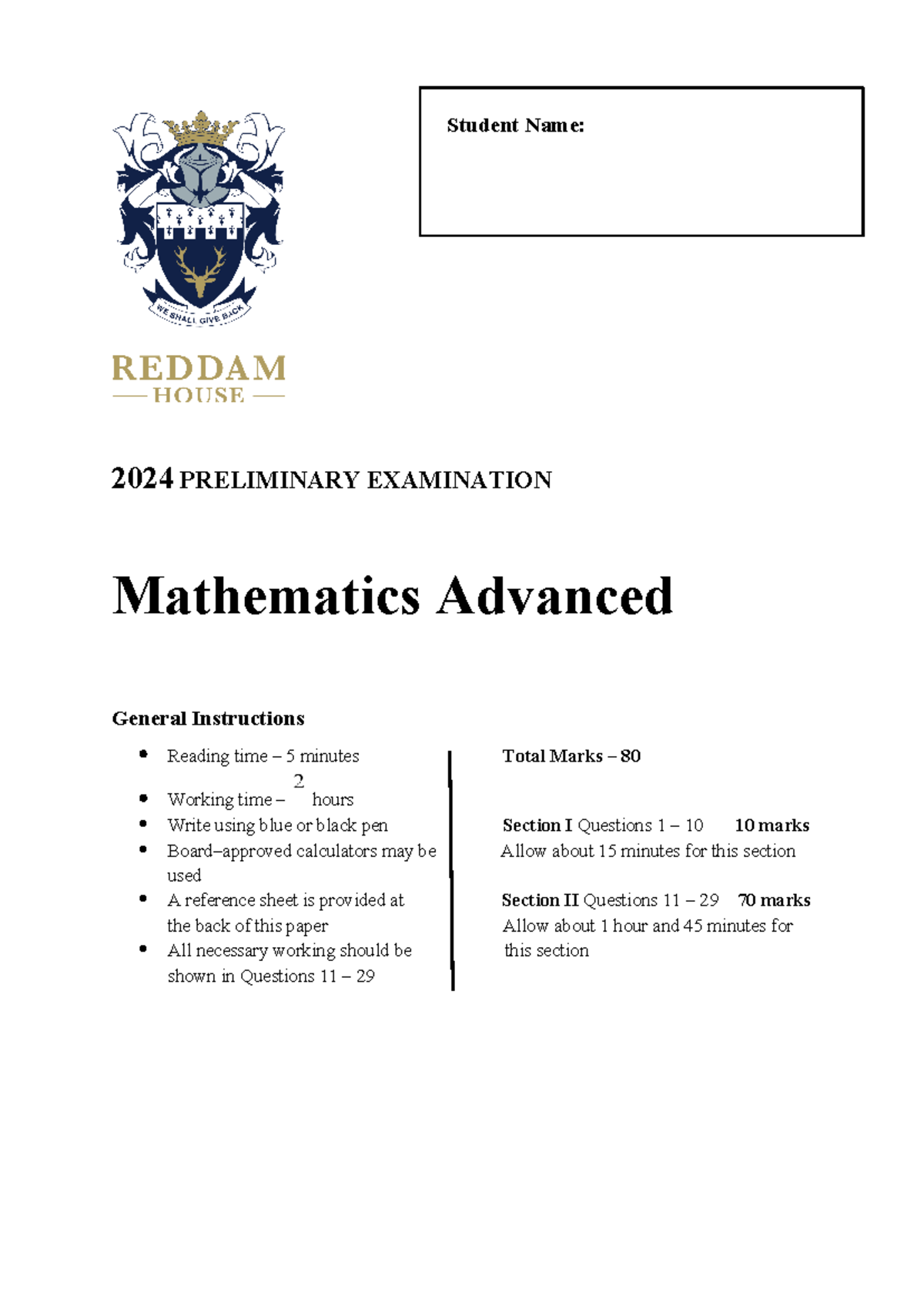 2024 Year 11 Advanced Mathematics Preliminary Exam Guide - Studocu