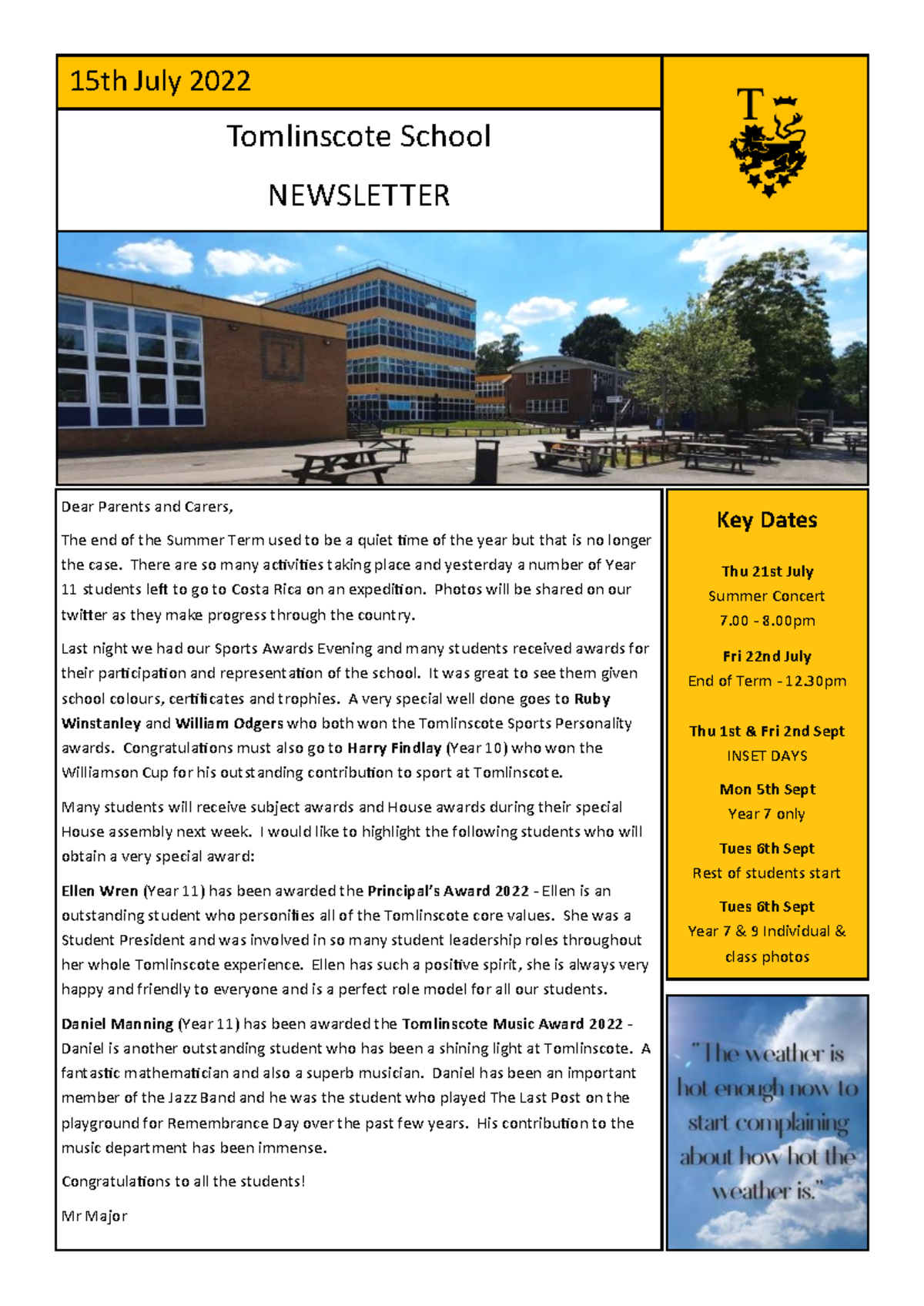 Tomlinscote School Newsletter - 15th July 2022 Highlights & Awards ...