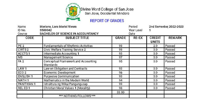 Divine Word College Report of Grades - BS in Accountancy PE 2, CWTS 2 ...