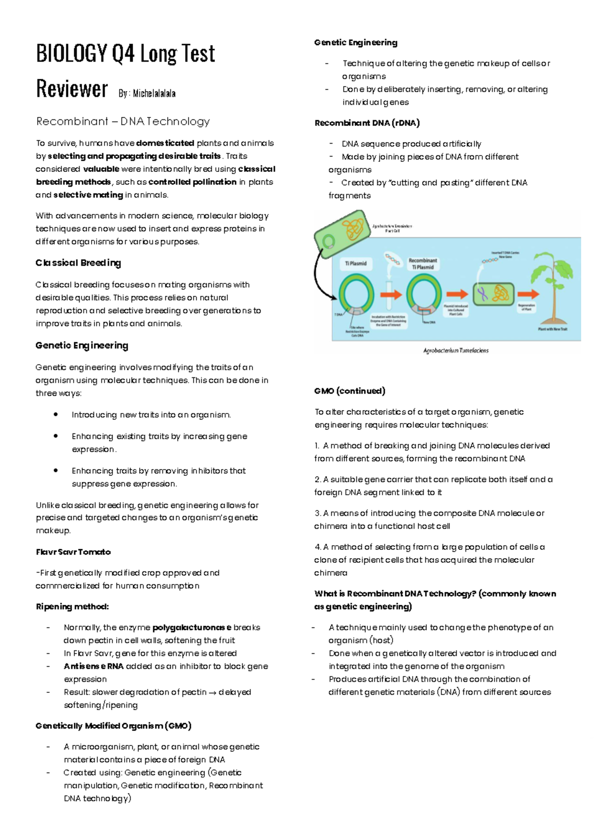 BIOLOGY Q4 Long Test: Genetic Engineering & Recombinant DNA Review ...