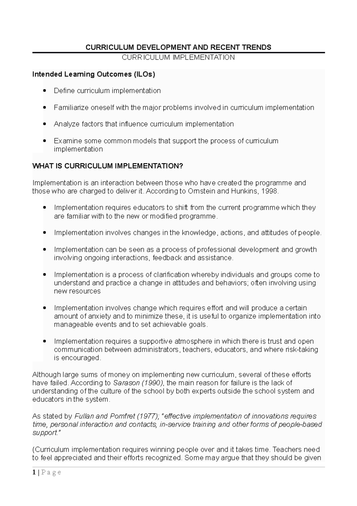 Curriculum Implementation Overview: Key Factors and Approaches - Studocu