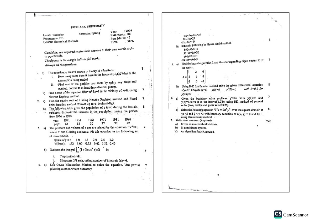 Numerical Method paper-1 - POKHARA UNIVERSITY Semester: Spring Year ...