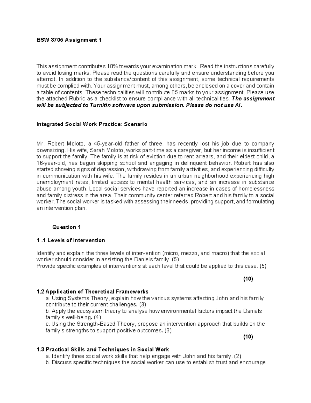 BSW 3705 Assignment 1: Integrated Social Work Practice Case Study Analysis - Studocu