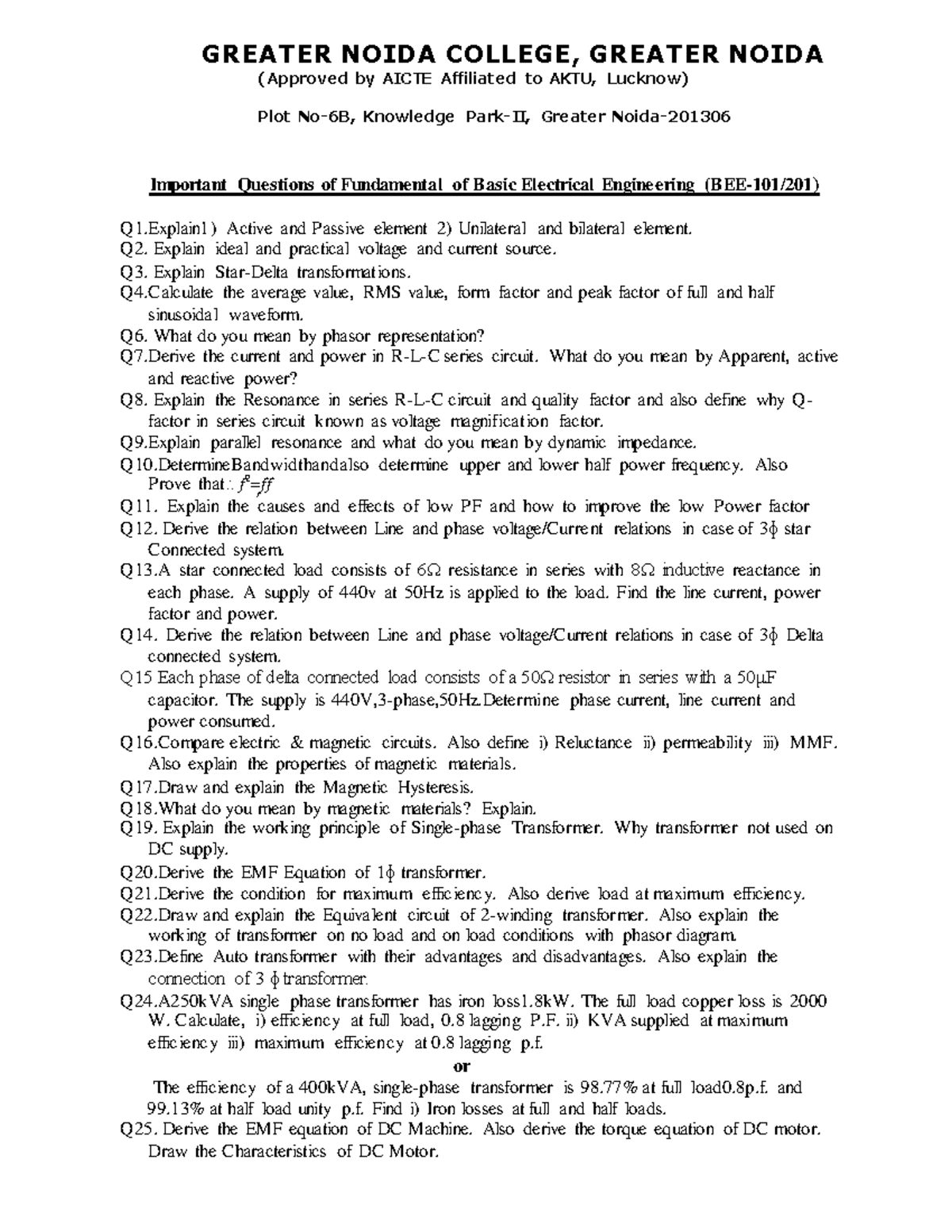 Important Questions for BEE-101-201: Fundamentals of Basic Electrical ...