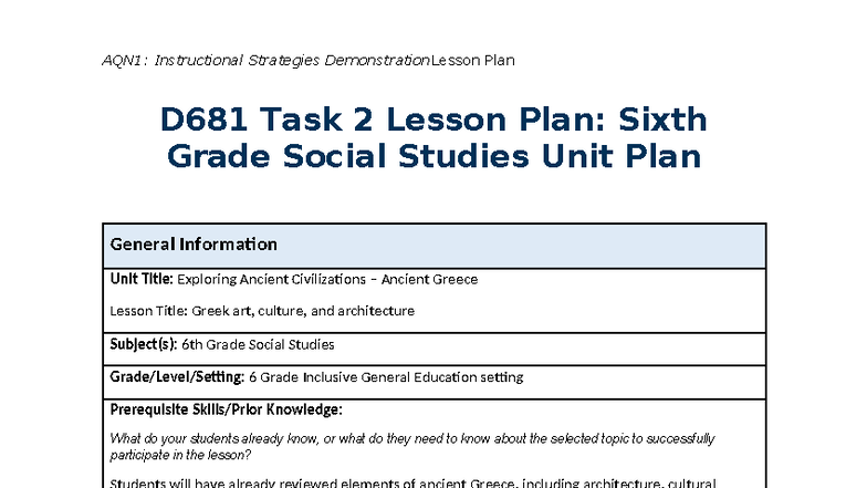 D681 Task 2: Lesson Plan on Greek Art & Culture for 6th Grade Social ...