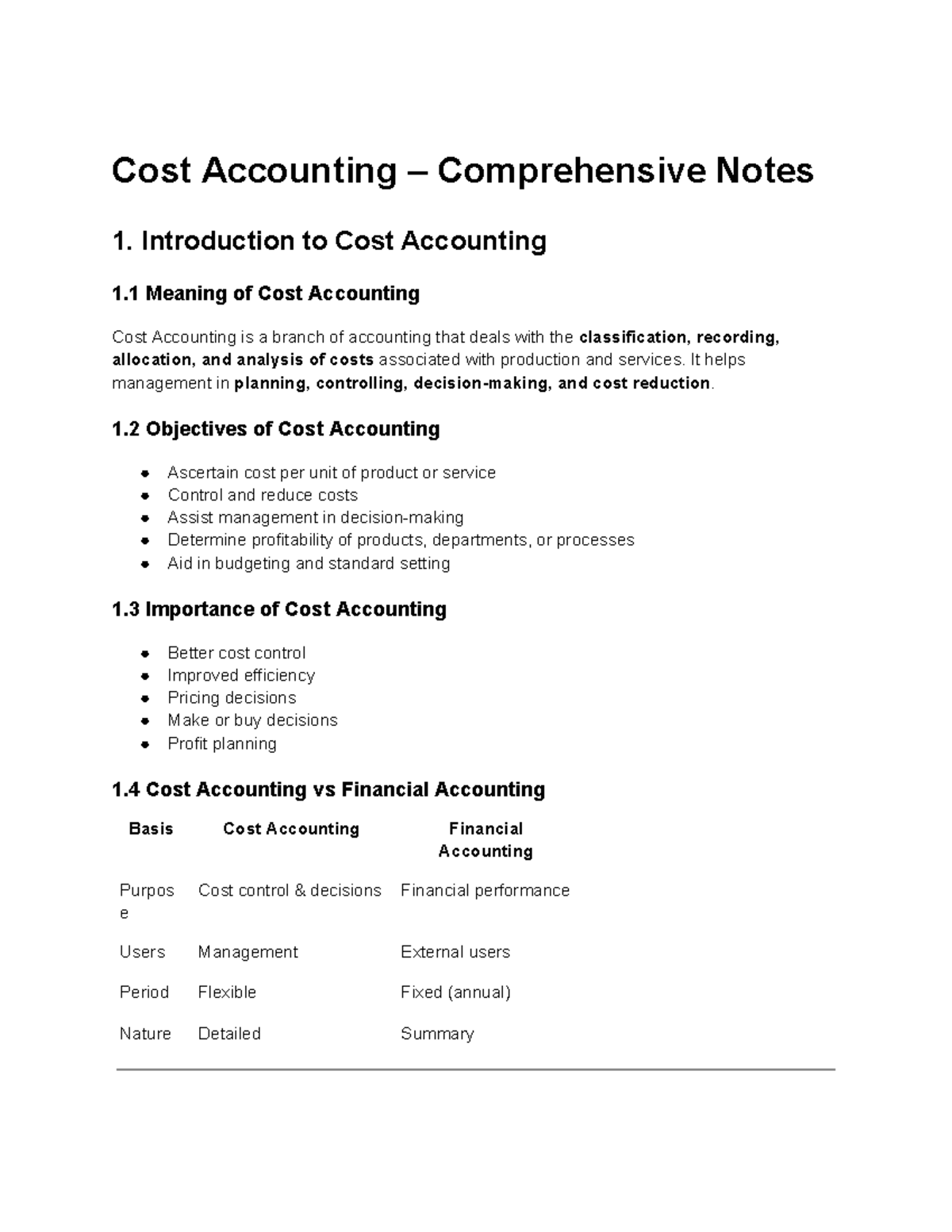 Cost Accounting (ACC 101) – Comprehensive Study Notes - Studocu