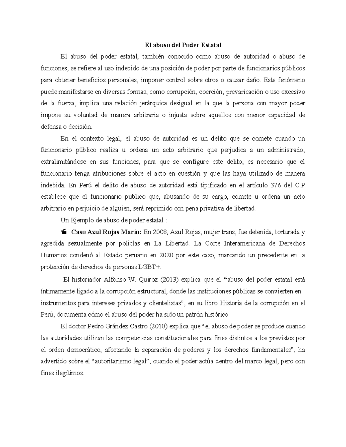 El Abuso del Poder Estatal: Análisis y Ejemplos en Perú - Studocu