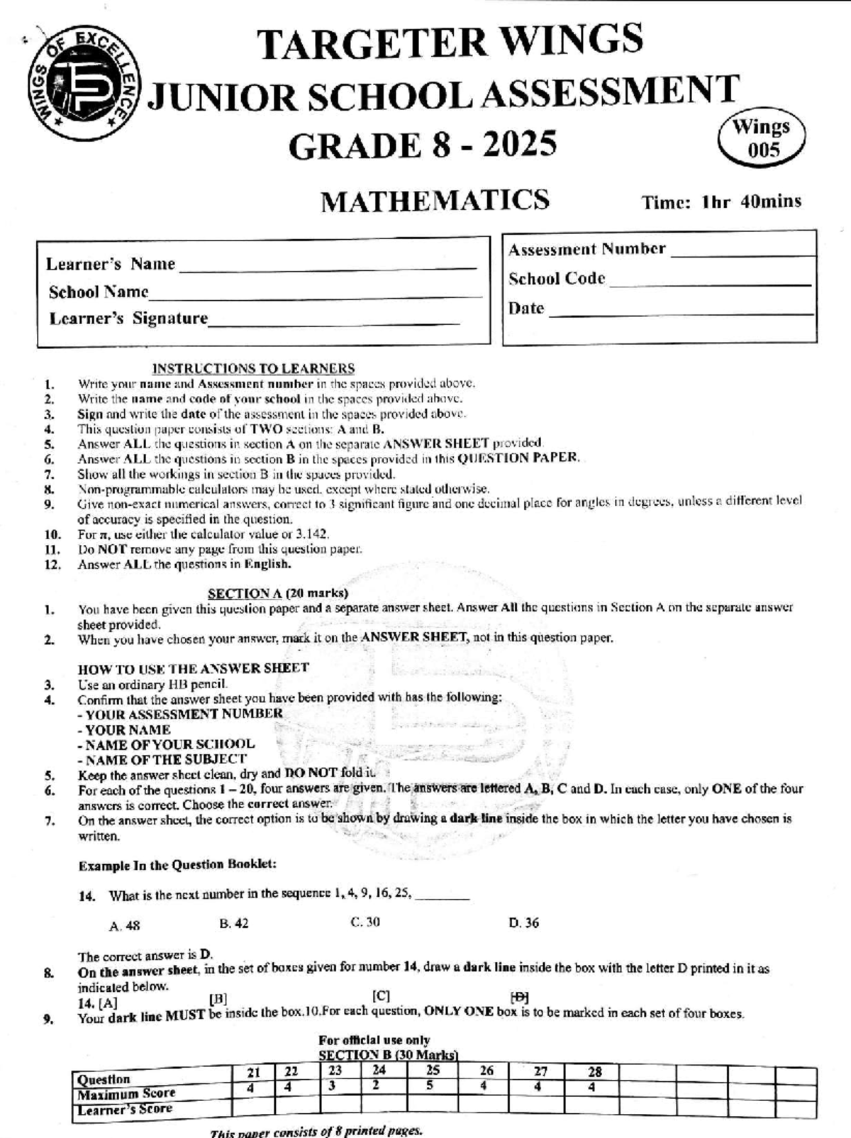 Grade 8 005 Targeter School Assessment: Mathematics & English Papers ...