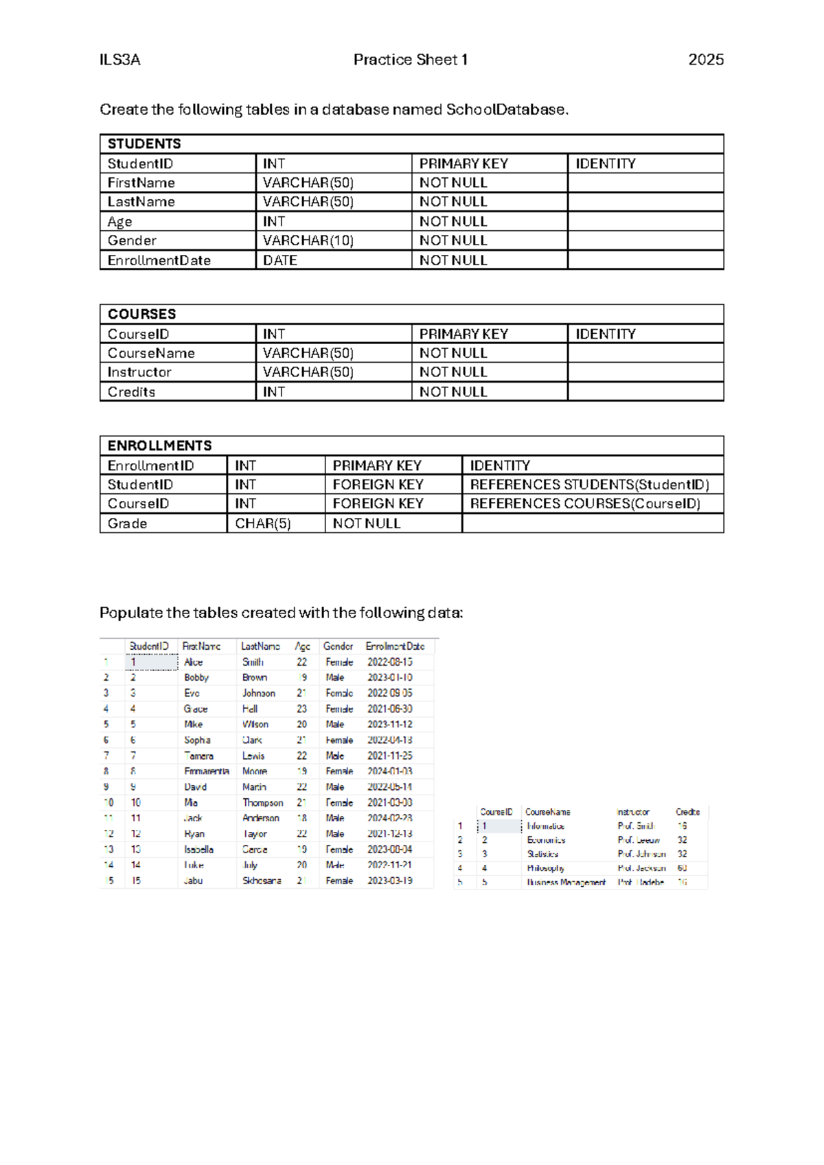 ILS3A Practice Sheet 1: Database Table Creation & Query Exercises - Studocu