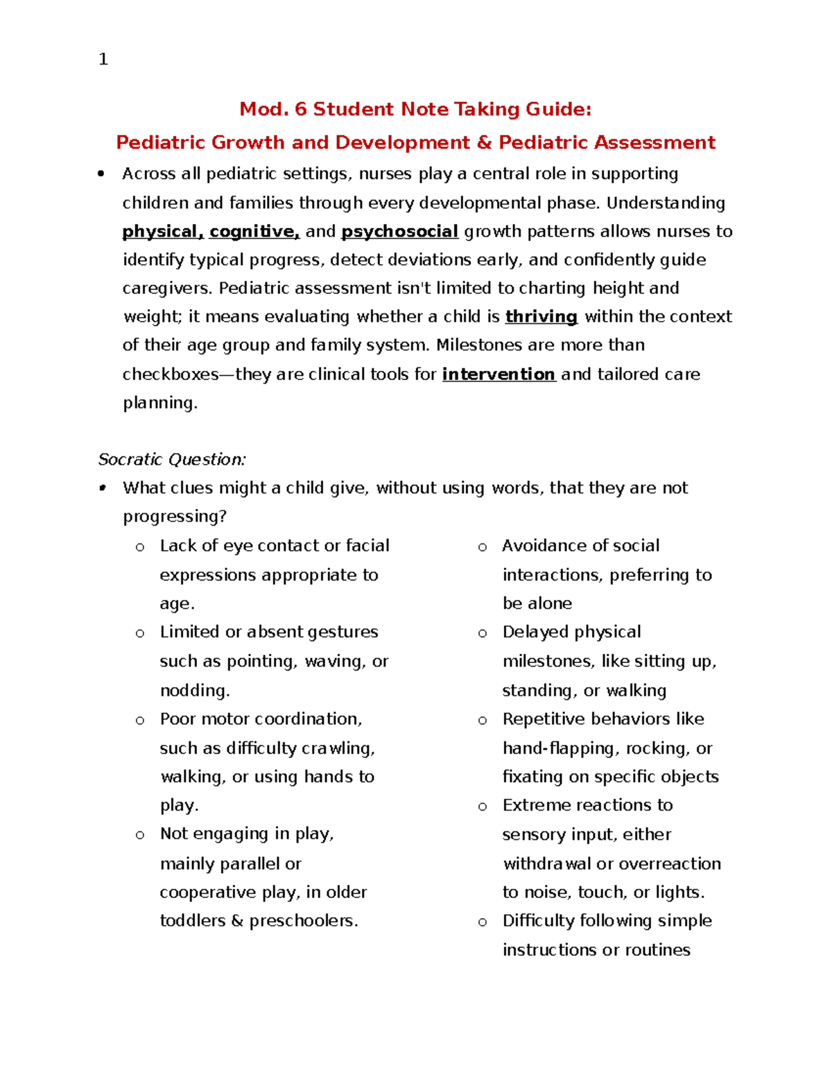 1 Mod. 6 Pediatric Growth & Development: Student Note Taking Guide ...