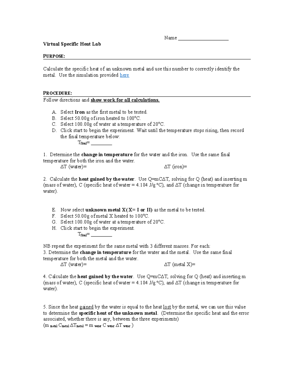 Specific Heat Lab Handout v3 - Name ___________________ Virtual ...