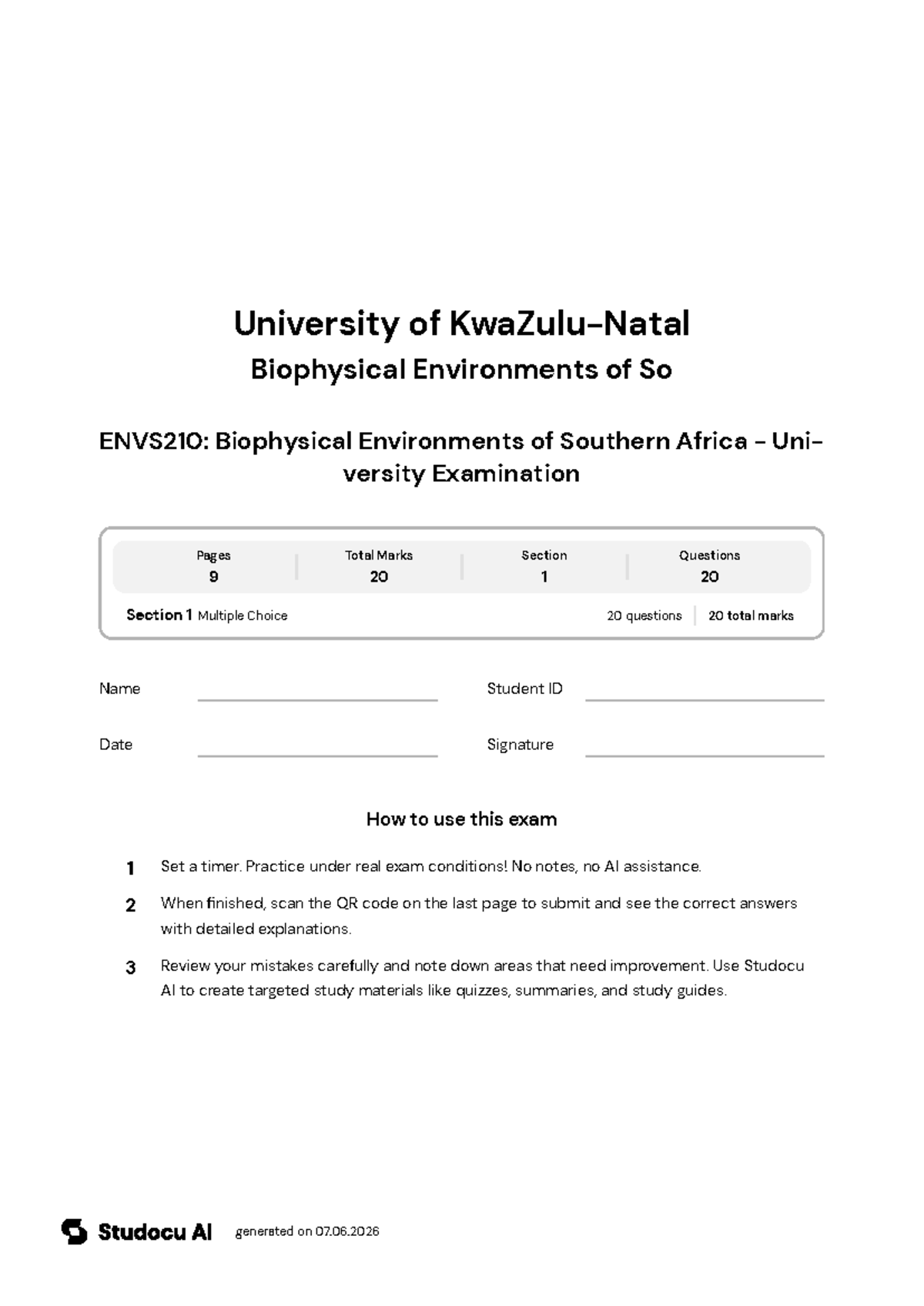 ENVS210 Final Exam: Biophysical Environments of Southern Africa - Studocu