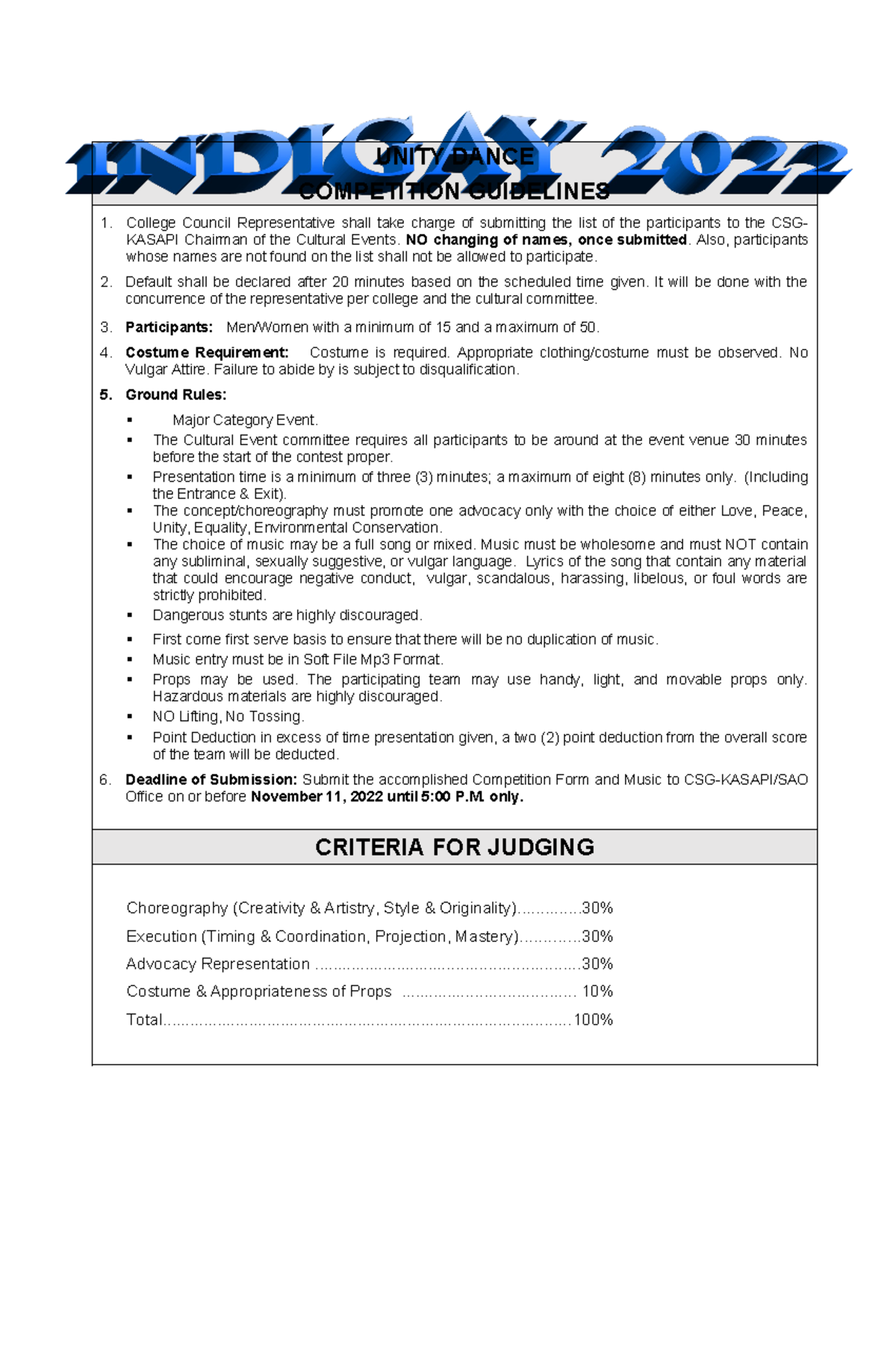 UNITY DANCE 2022: Competition Guidelines & Judging Criteria - Studocu