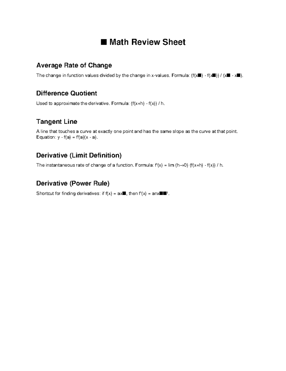 Math Review Sheet - Derivatives, Rate of Change, and Tangent Lines - n ...