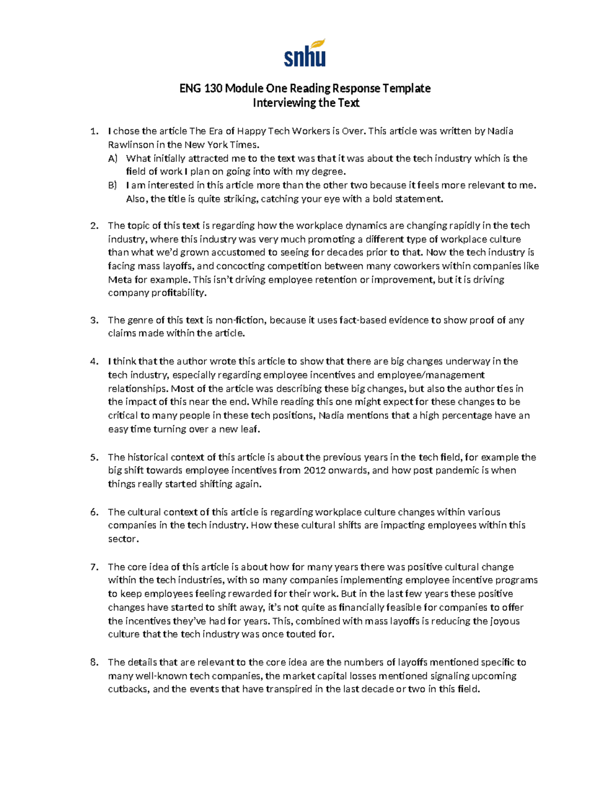 ENG 130 Module One Reading Response: Examining Tech Workplace Changes - Studocu