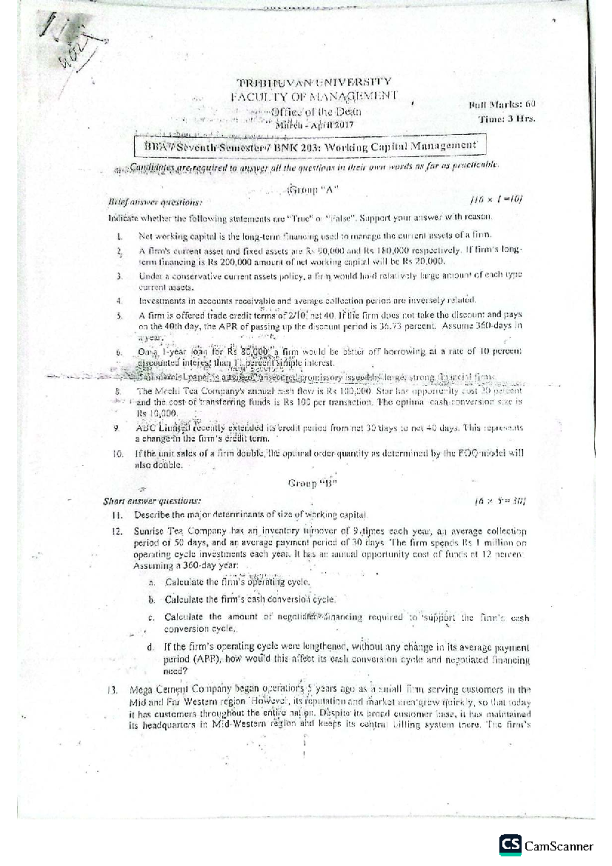 BNK 203: Working Capital Management Previous Exam Questions and Answers ...