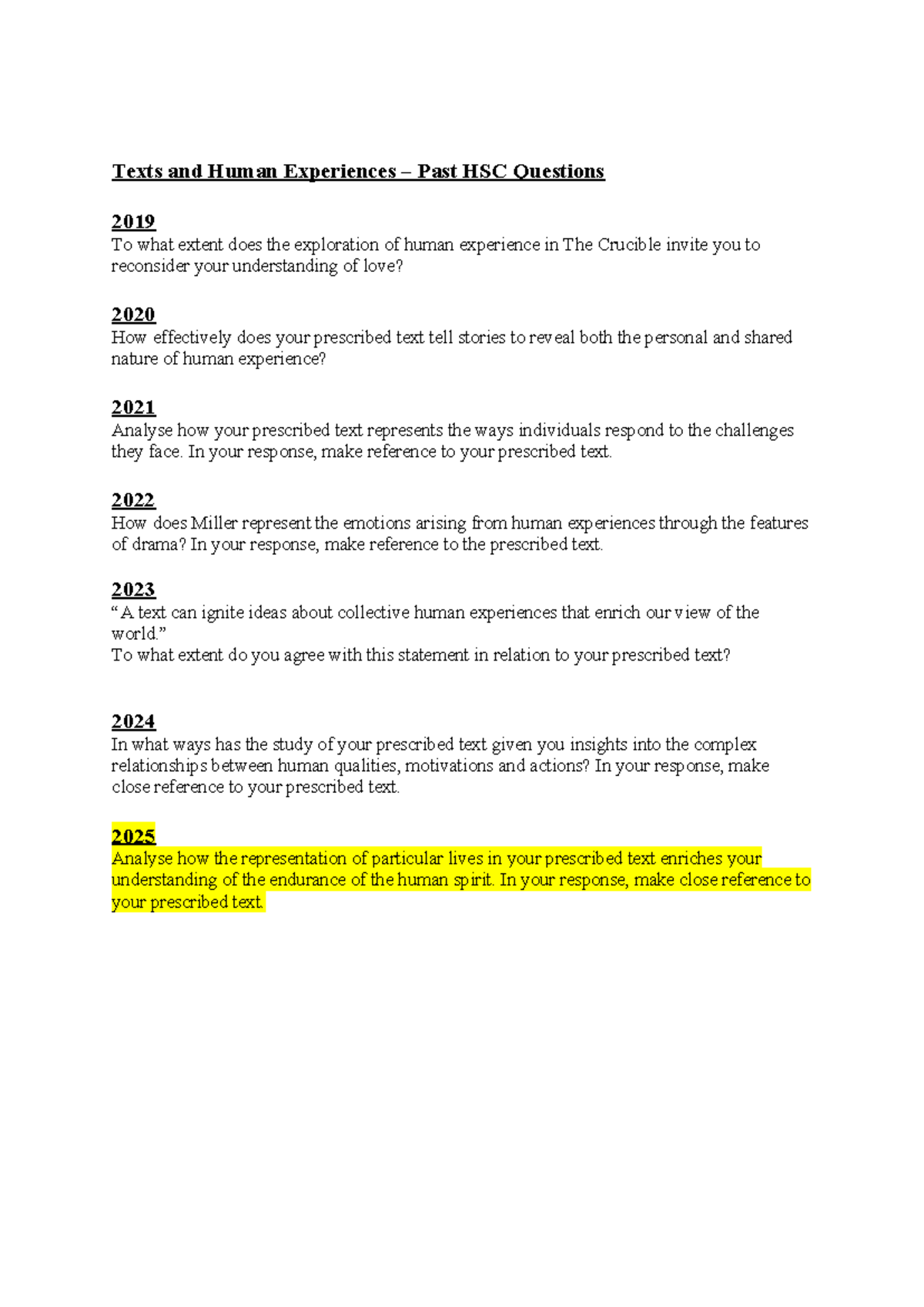 Crucible HSC Past Questions: Exploring Human Experiences (2019-2025 ...