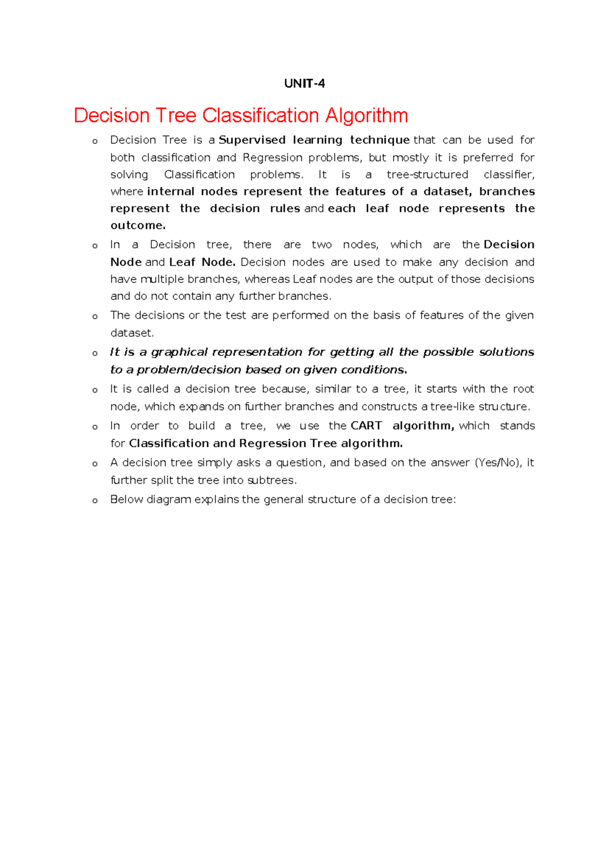 DS UNIT-4: Decision Tree & Random Forest Algorithms Notes - Studocu
