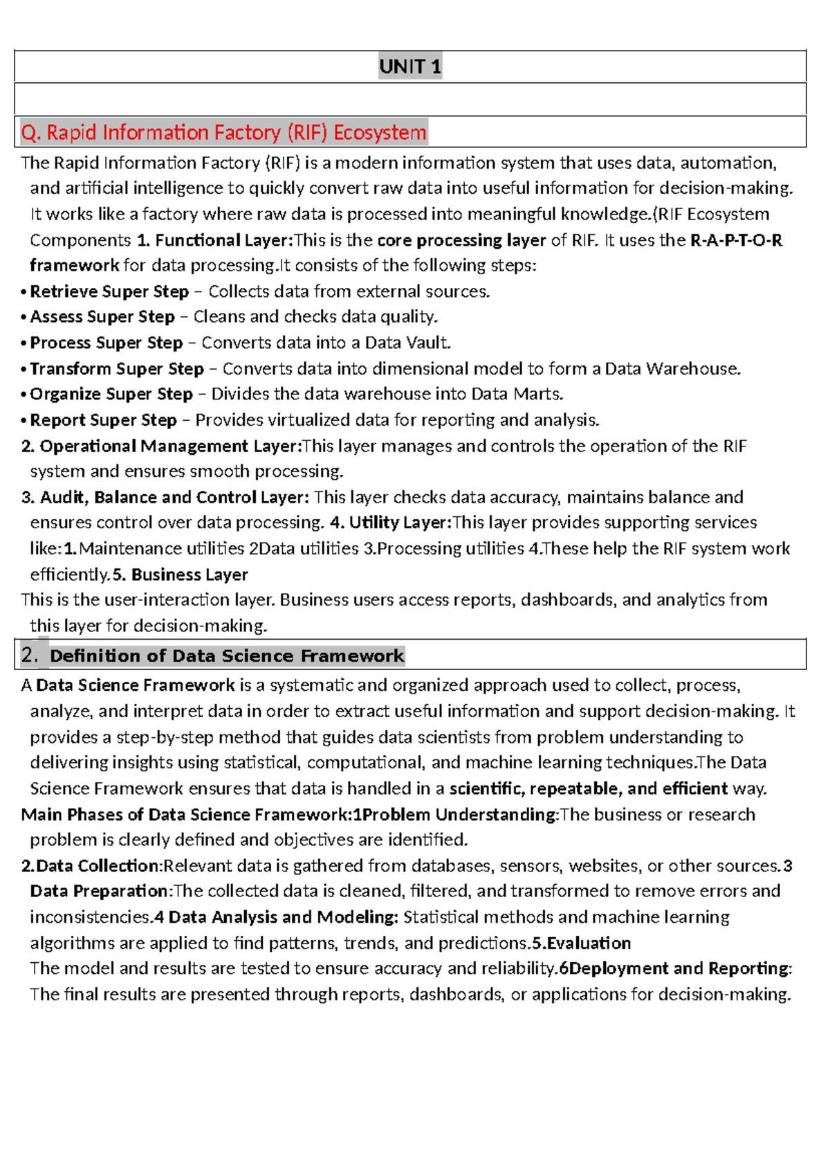 DATA SCIENCE NOTES: UNIT 1 - RIF Ecosystem & Framework Overview - Studocu