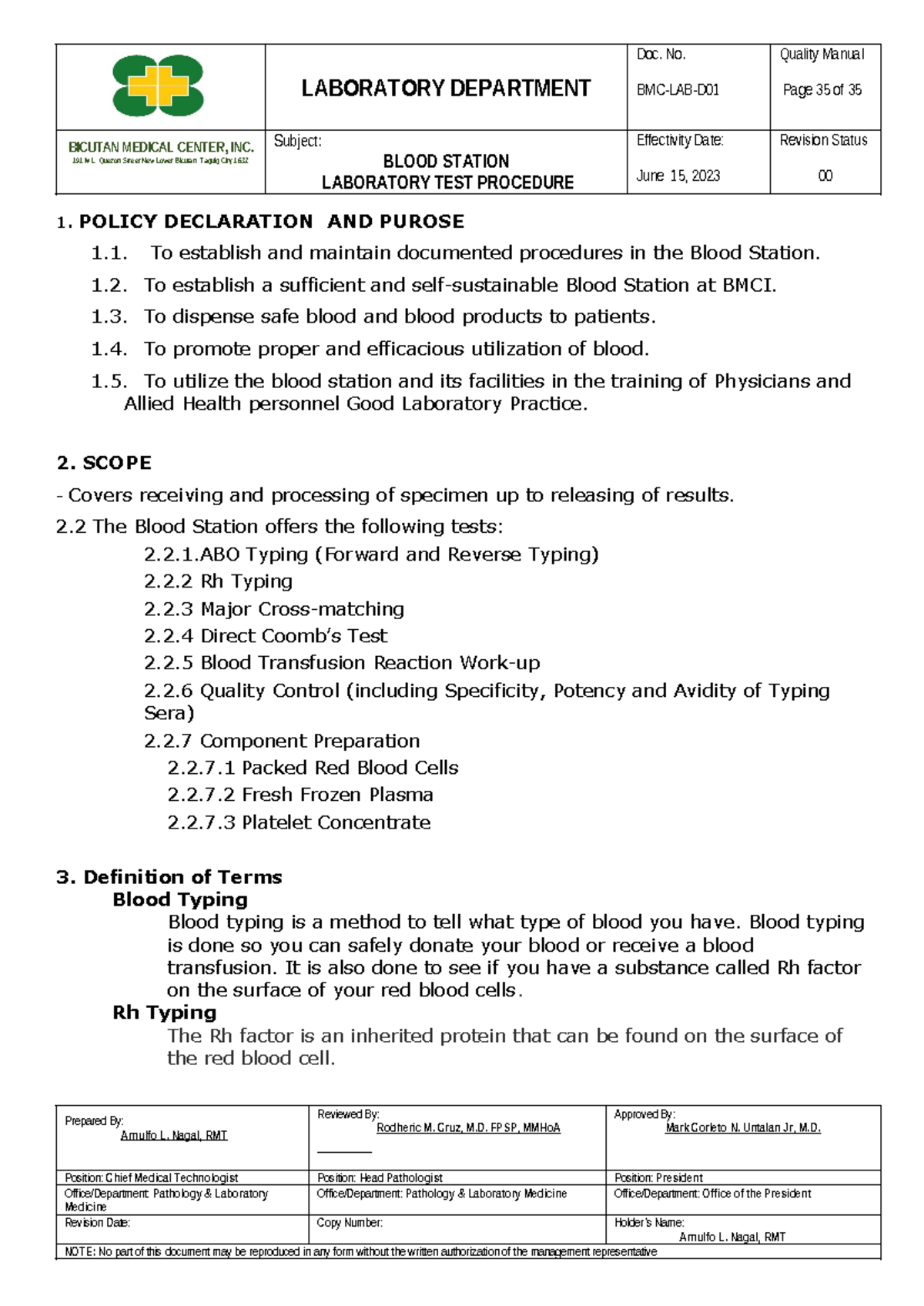 BMC-LAB-D: Blood Station Laboratory Test Procedures and Policies - Studocu