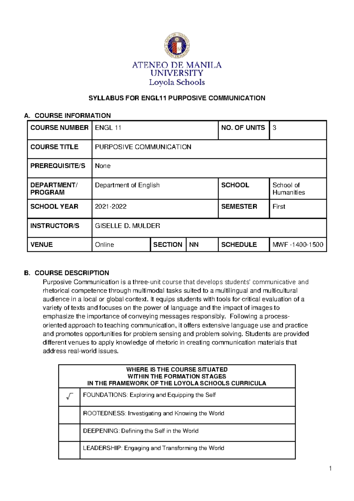 SYLLABUS FOR ENGL11: PURPOSIVE COMMUNICATION - FIRST SEMESTER 2022 ...