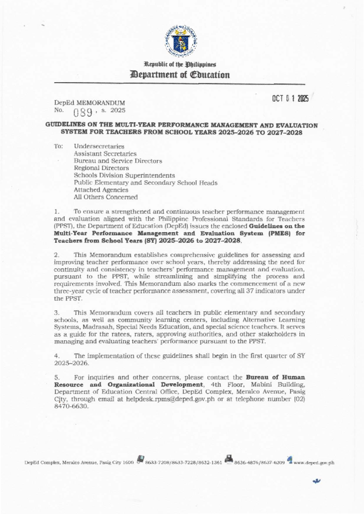 DM s2025 089r - DepEd Memo on Teacher Performance Management Cycle ...