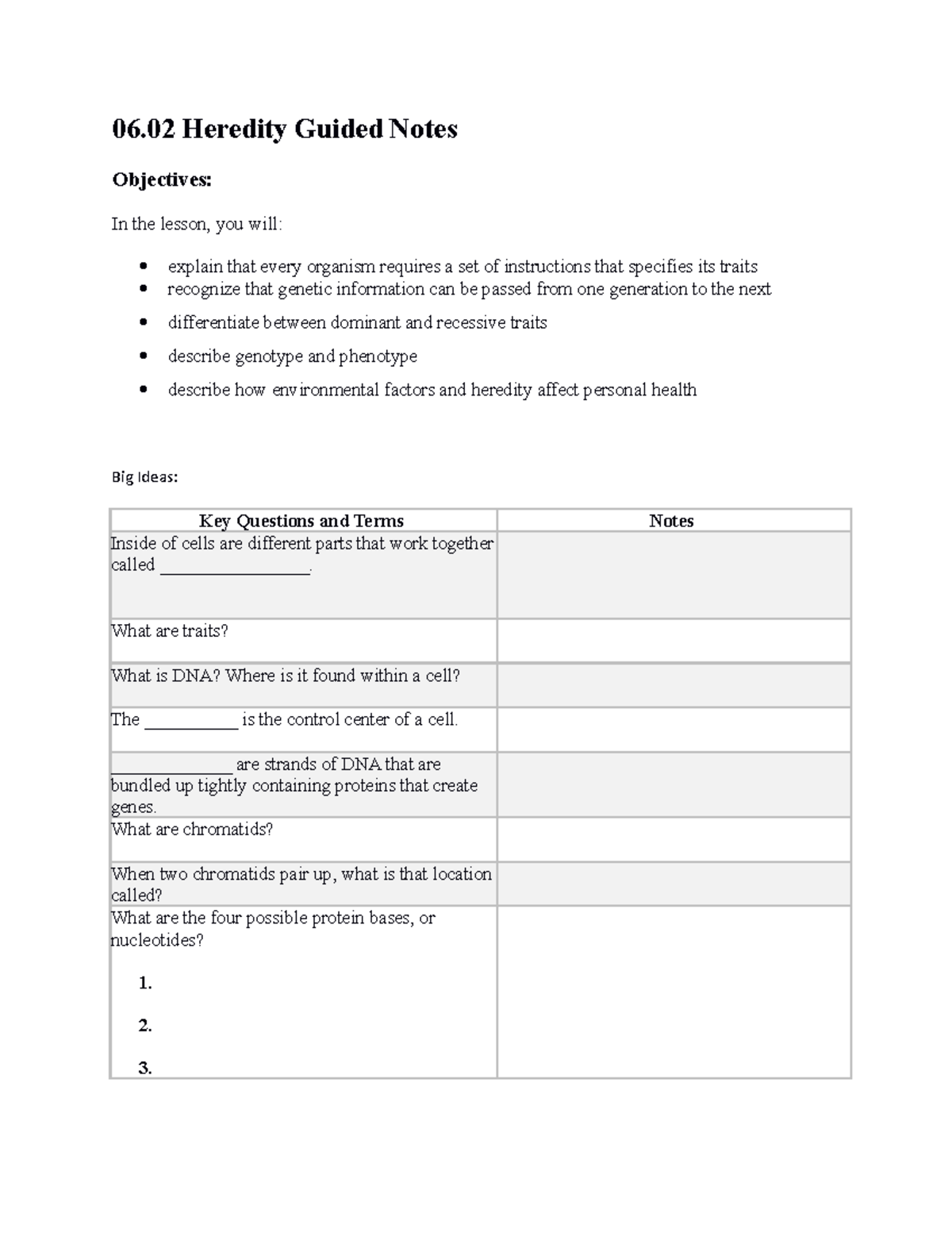 06 02 notes - I like this app - 06 Heredity Guided Notes Objectives: In ...