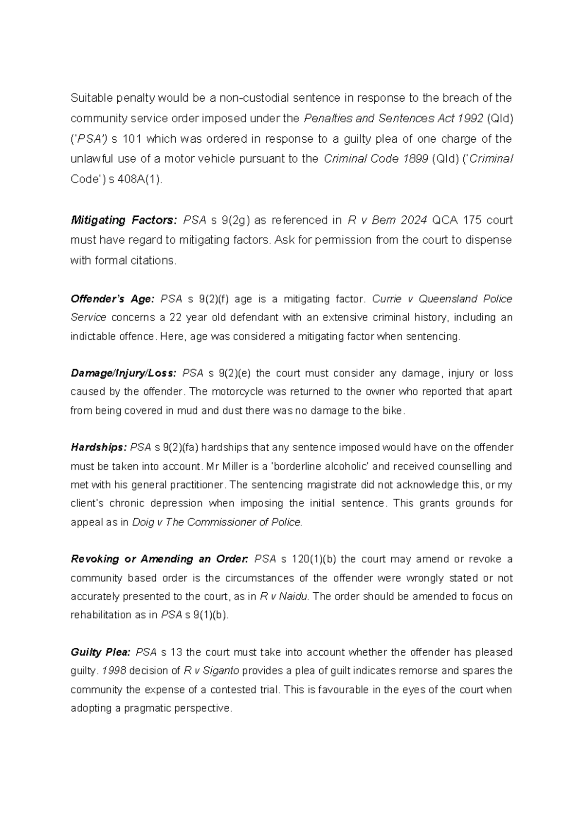 LLB244 Assessment 2: Sentencing Considerations and Mitigating Factors ...
