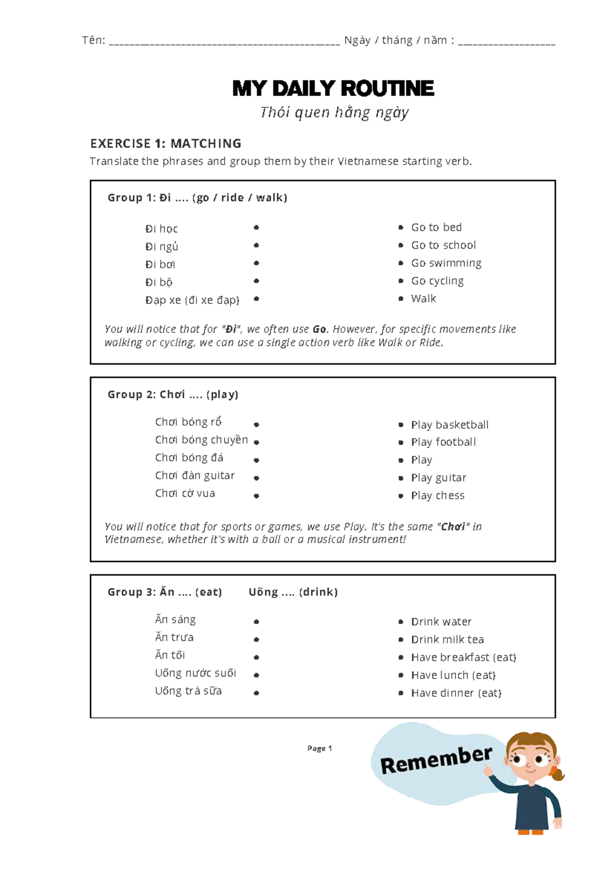 My Daily Routine: Exercise 1 - Matching Phrases in Vietnamese - Studocu