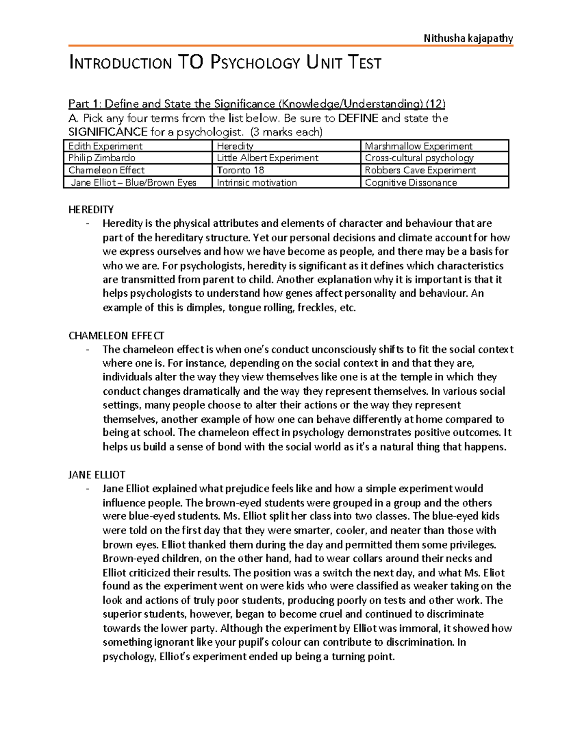 Psychology Unit Test - Nithusha kajapathy INTRODUCTION TO PSYCHOLOGY ...