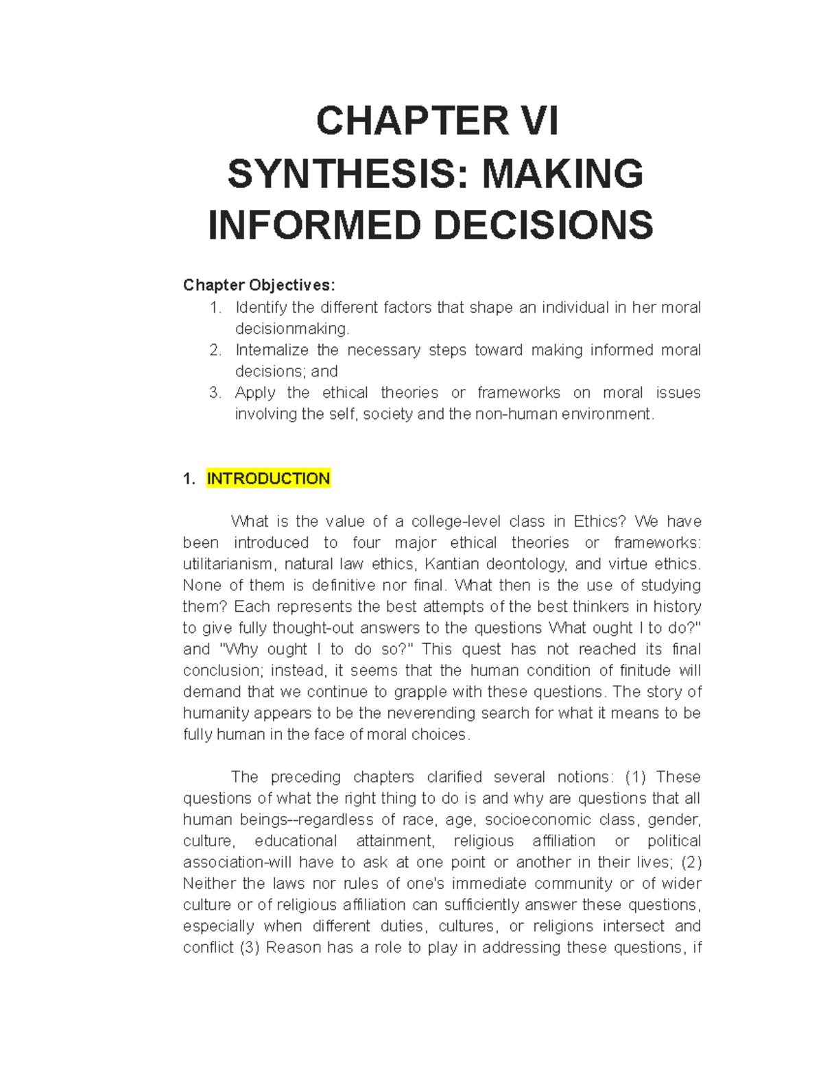 Synthesis of Informed Decisions in Ethics (ETHICS 101 - Chapter VI ...