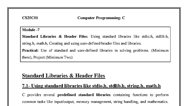 CS25C01 Computer Programming: C Module 7 - Standard Libraries Notes ...