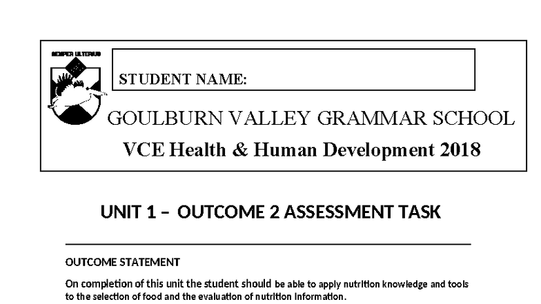 VCE Health & Human Development U1 Outcome 2 Assessment 2018 - Studocu