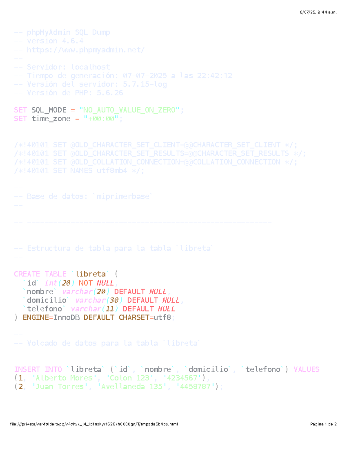 phpMyAdmin SQL Dump - Tabla Estructura y Datos (SASACX) - Studocu