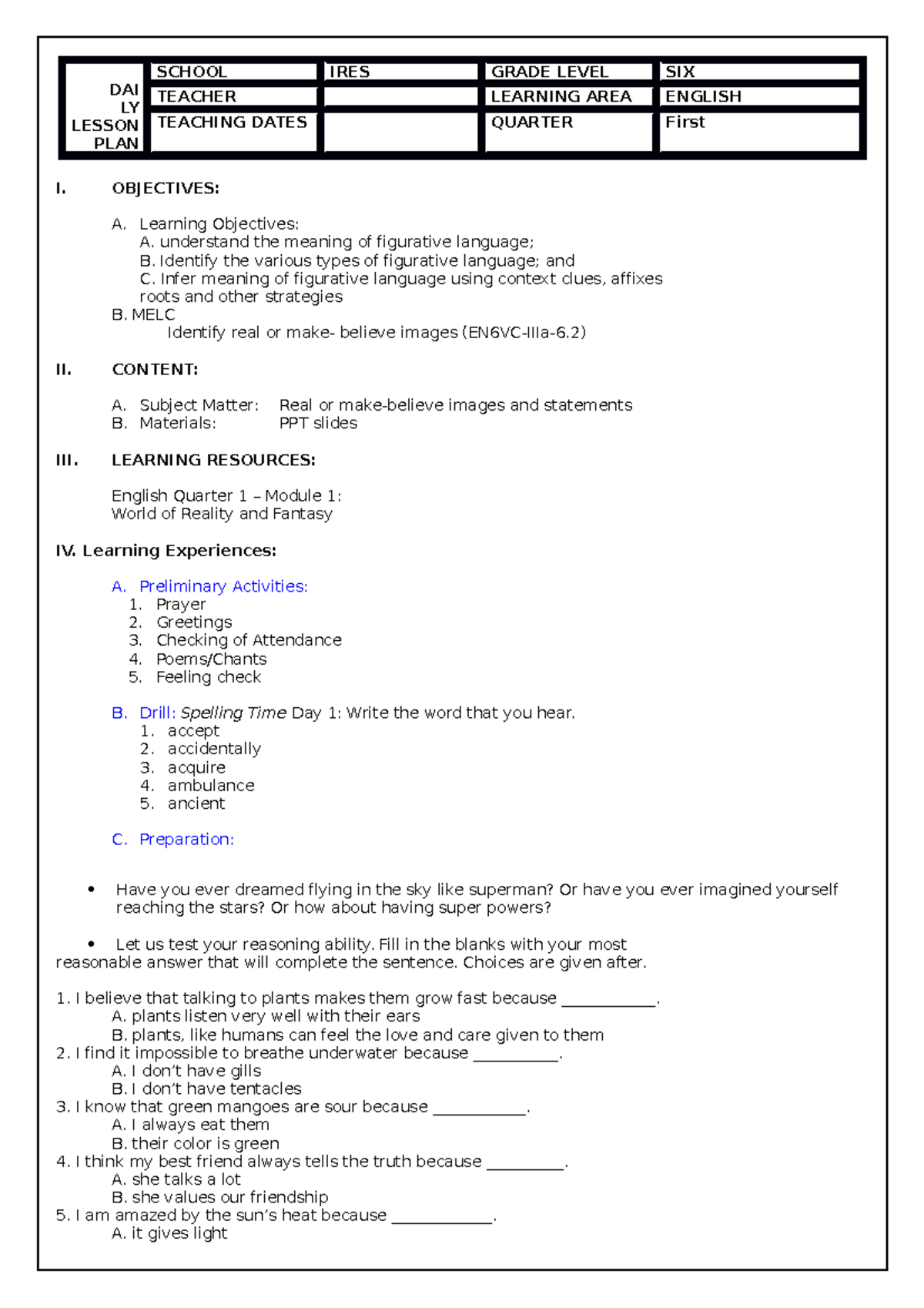 Real or Make Believe - DAI LY LESSON PLAN SCHOOL IRES GRADE LEVEL SIX ...