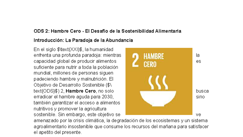 ODS 2: Hambre Cero y Sostenibilidad Alimentaria - Resumen - Studocu