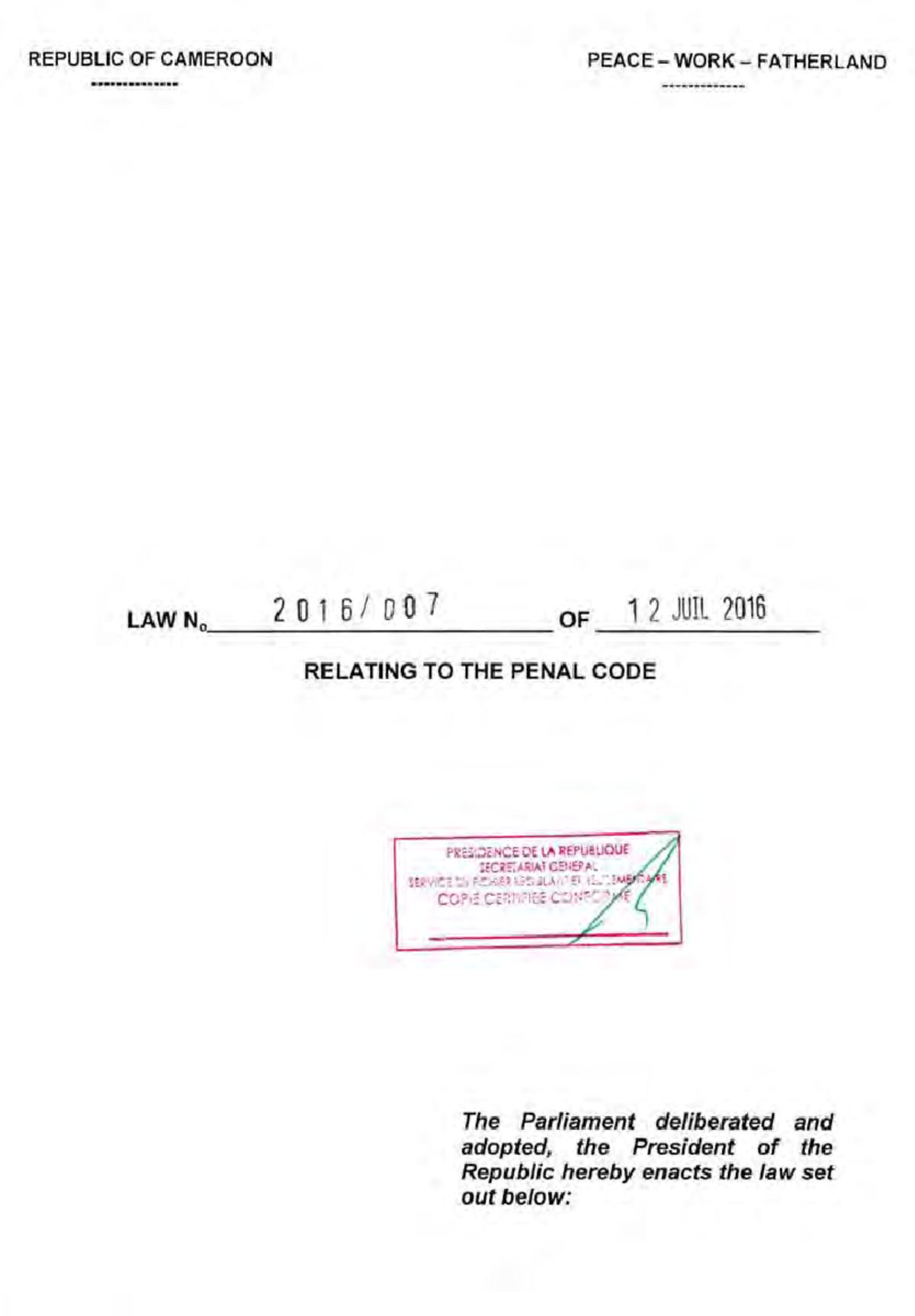 Criminal Code of Cameroon 2019: Official Gazette Summary - Studocu