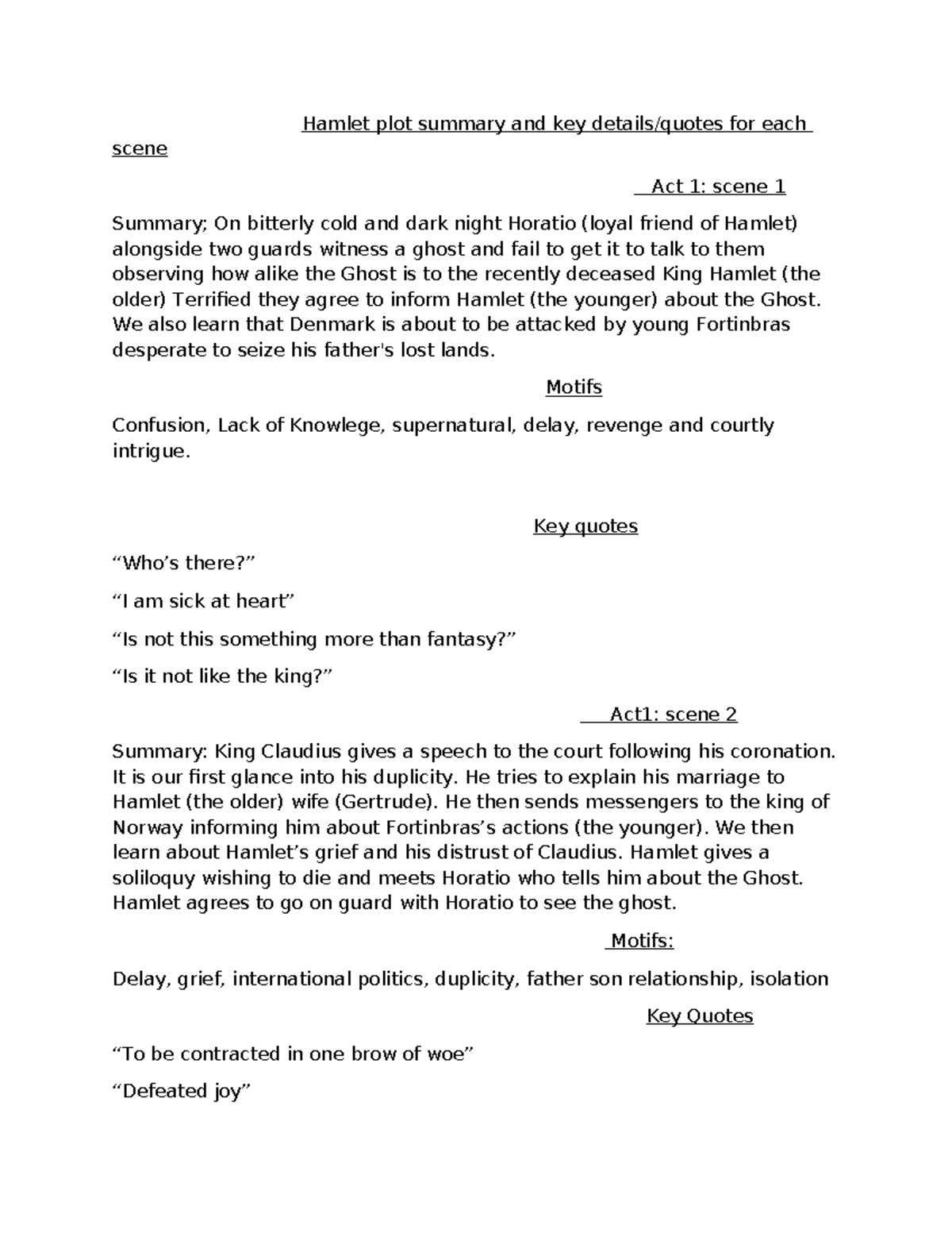 Hamlet (ENG 202) Scene Summaries and Key Quotes Analysis - Studocu