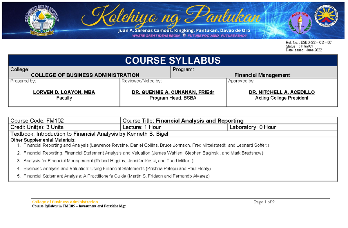 Syllabus for FM102: Financial Analysis and Reporting - Studocu