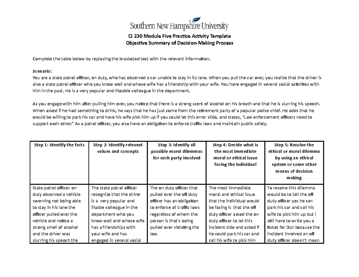 CJ 230 Module 5 Ethical Dilemma Decision-Making Activity Template - Studocu