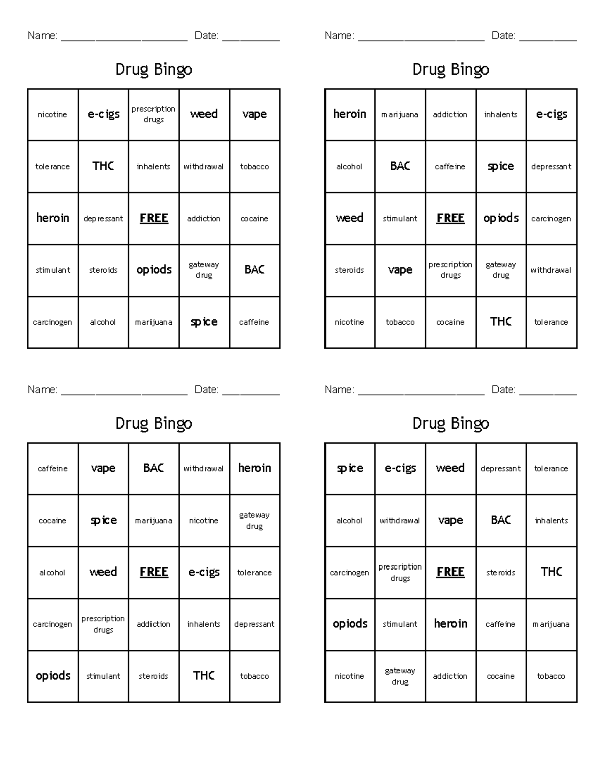 Drug Bingo Activity - Understanding Addiction and Substances - Studocu