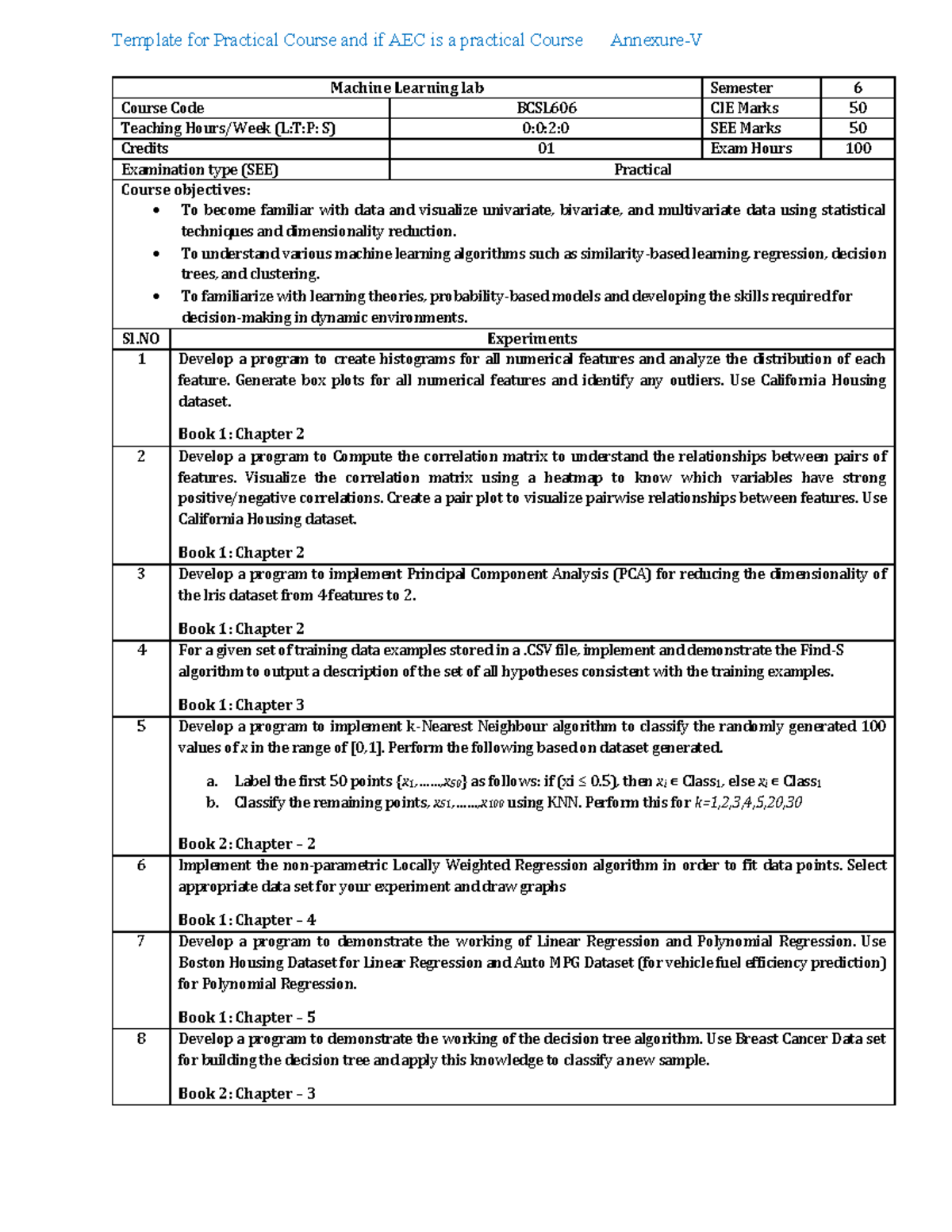 BCSL606 Machine Learning Lab Practical Course Template - Studocu