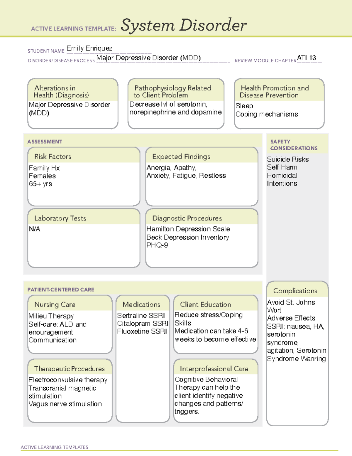 MDD System Disorder Active Learning Template Notes - Studocu