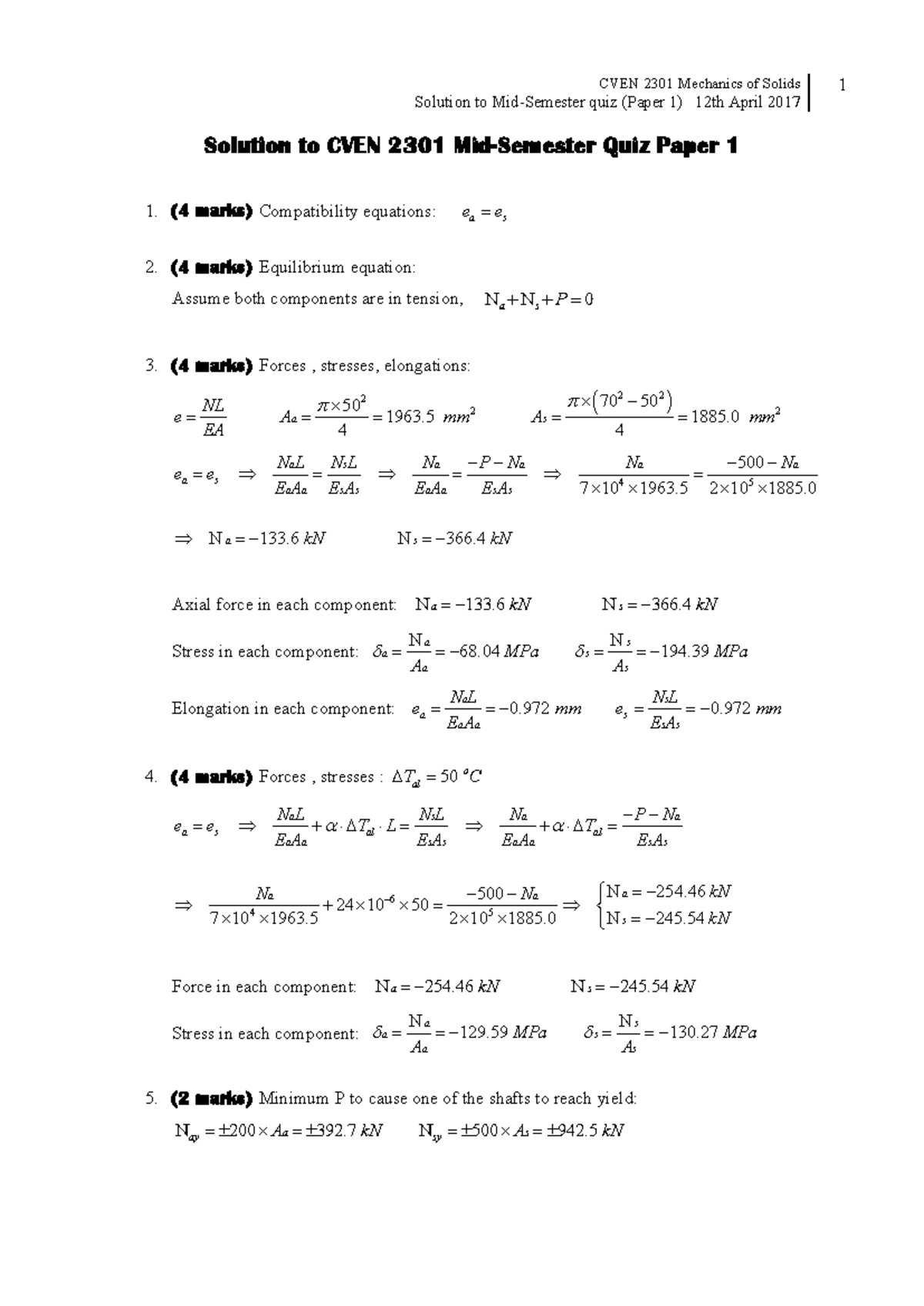 CVEN 2301 Mechanics of Solids Mid-Sem Quiz 1 Solutions - Studocu