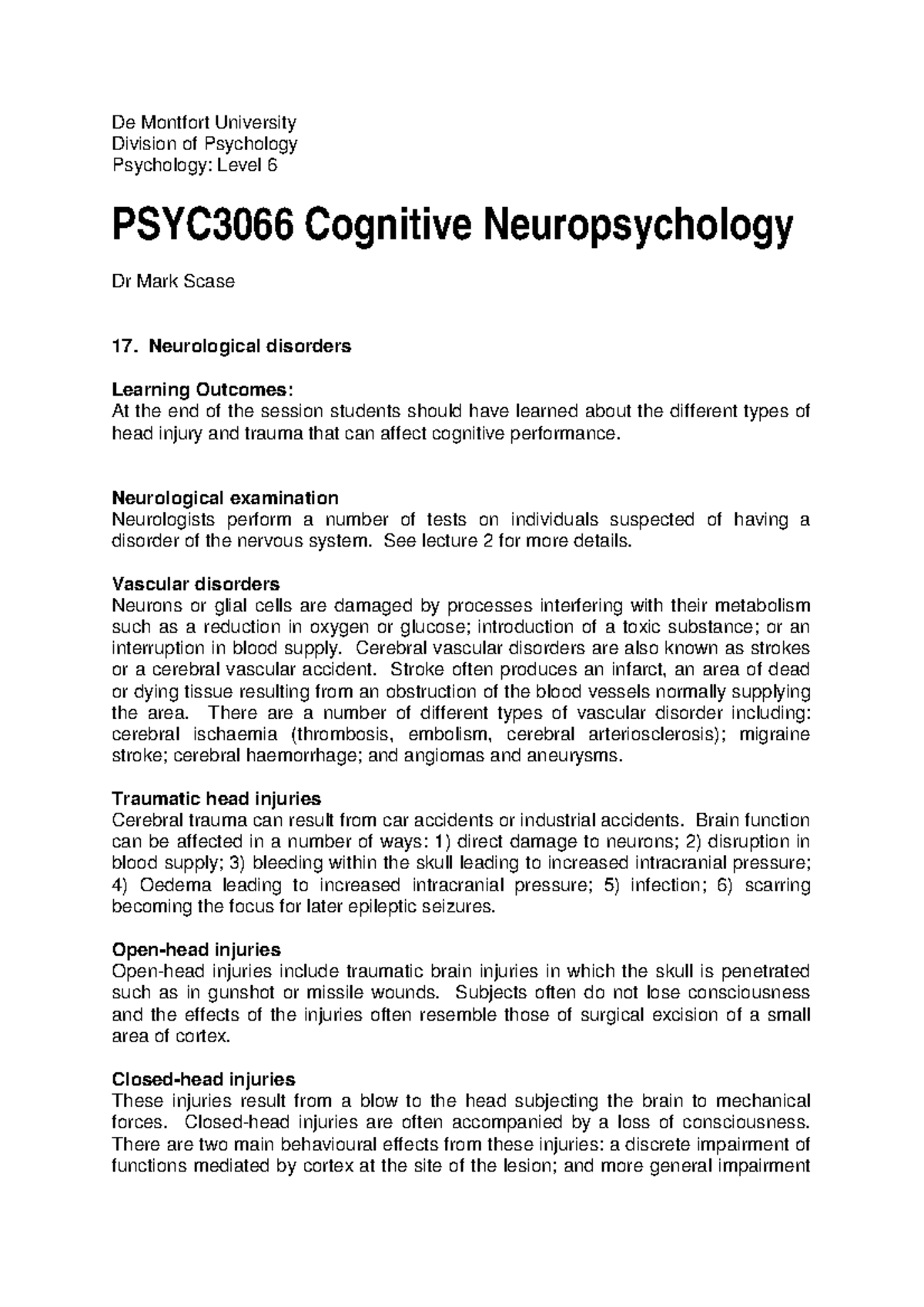 PSYC3066 Final Exam Study Notes on Neurological Disorders - Studocu